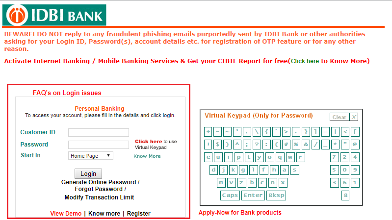 IDBI Bank Net Banking Login, Registration & Password Change IDBI Bank Net Banking Login, Registration & Password Change