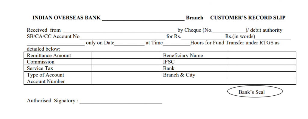 IOB RTGS Form | Indian Overseas Bank RTGS
