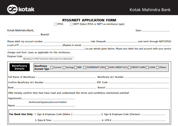 Kotak Mahindra Bank RTGS Form - Paisabazaar.com