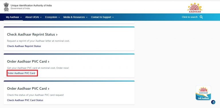 PVC Aadhar Card Order Online Apply|status check online