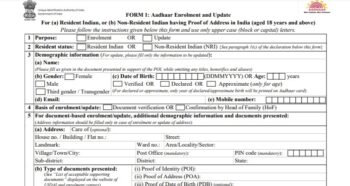 Aadhaar Enrollment Form- Enrollment, Correction, Update