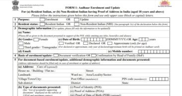 Aadhaar Enrollment Form- Enrollment, Correction, Update