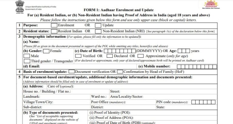 Aadhaar Enrollment Form- Enrollment, Correction, Update