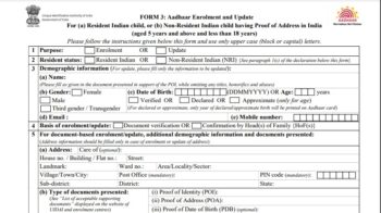 Aadhaar Enrollment Form- Enrollment, Correction, Update