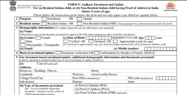 Aadhaar Enrollment Form- Enrollment, Correction, Update