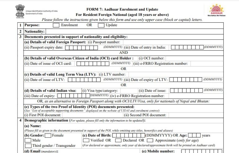 Aadhaar Enrollment Form- Enrollment, Correction, Update