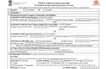 Aadhaar Enrollment Form- Enrollment, Correction, Update