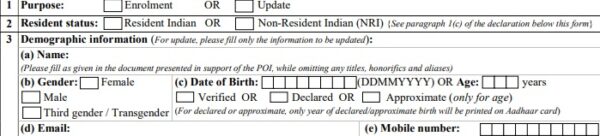 Aadhaar Enrollment Form- Enrollment, Correction, Update