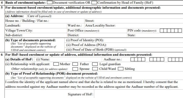 Aadhaar Enrollment Form- Enrollment, Correction, Update